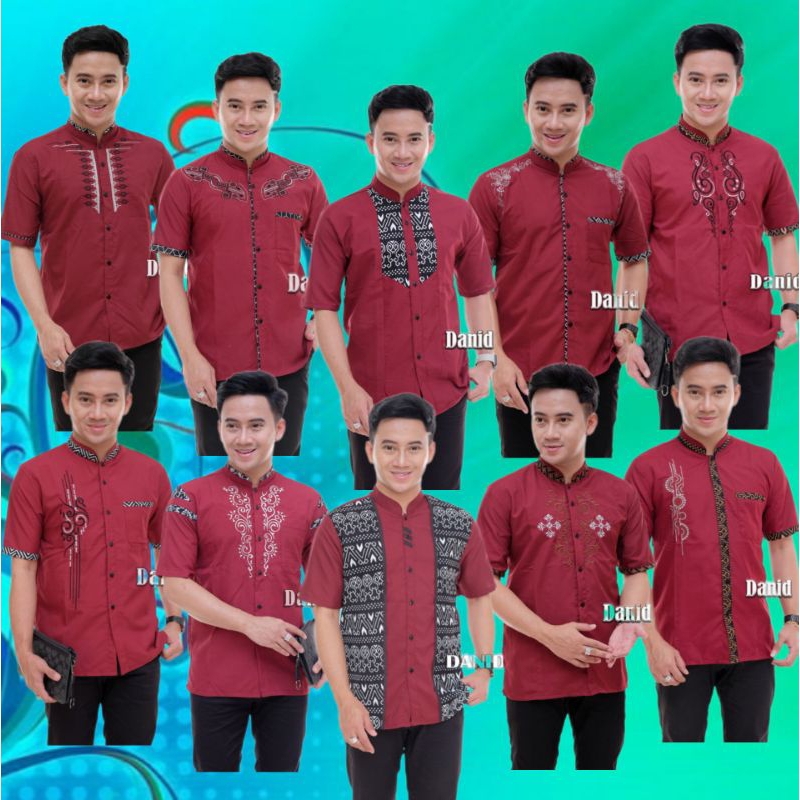 MERAH KEMEJA Koko Shirt Men Short Combination Of Embroidery Dark Red ...