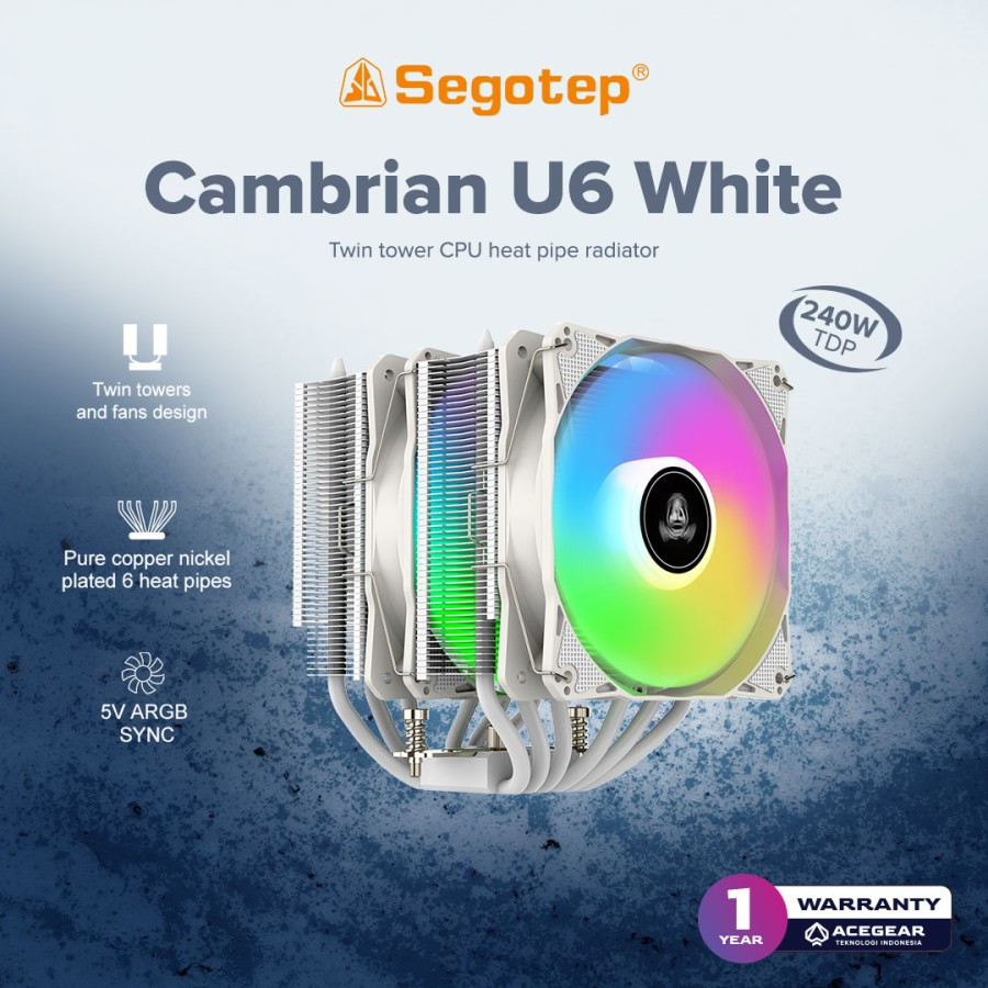 Segotep CAMBRIAN U6 WHITE ARGB DUAL TOWER CPU PROCESSOR AIR COOLER ...