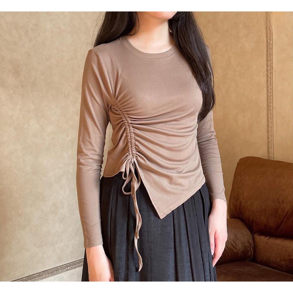 Top ELIA KNIT BLOUSE Rib Strap Asymmetrical Drawstring MODELLANO Side ...