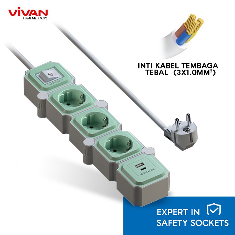 Vivan Safety Socket Socket+2 Meter Cable With 3-6 Hole USB A+Type C ...
