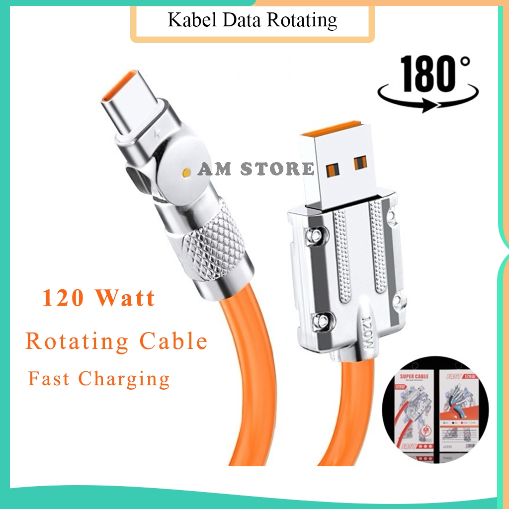 180 Fast Charging Type C Rotating Data Cable/120 Watt Micro USB Super ...