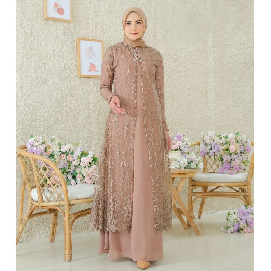 Vallina Outfit - Indira Brocade Dress Layering Gamis Maxy Muslim ...