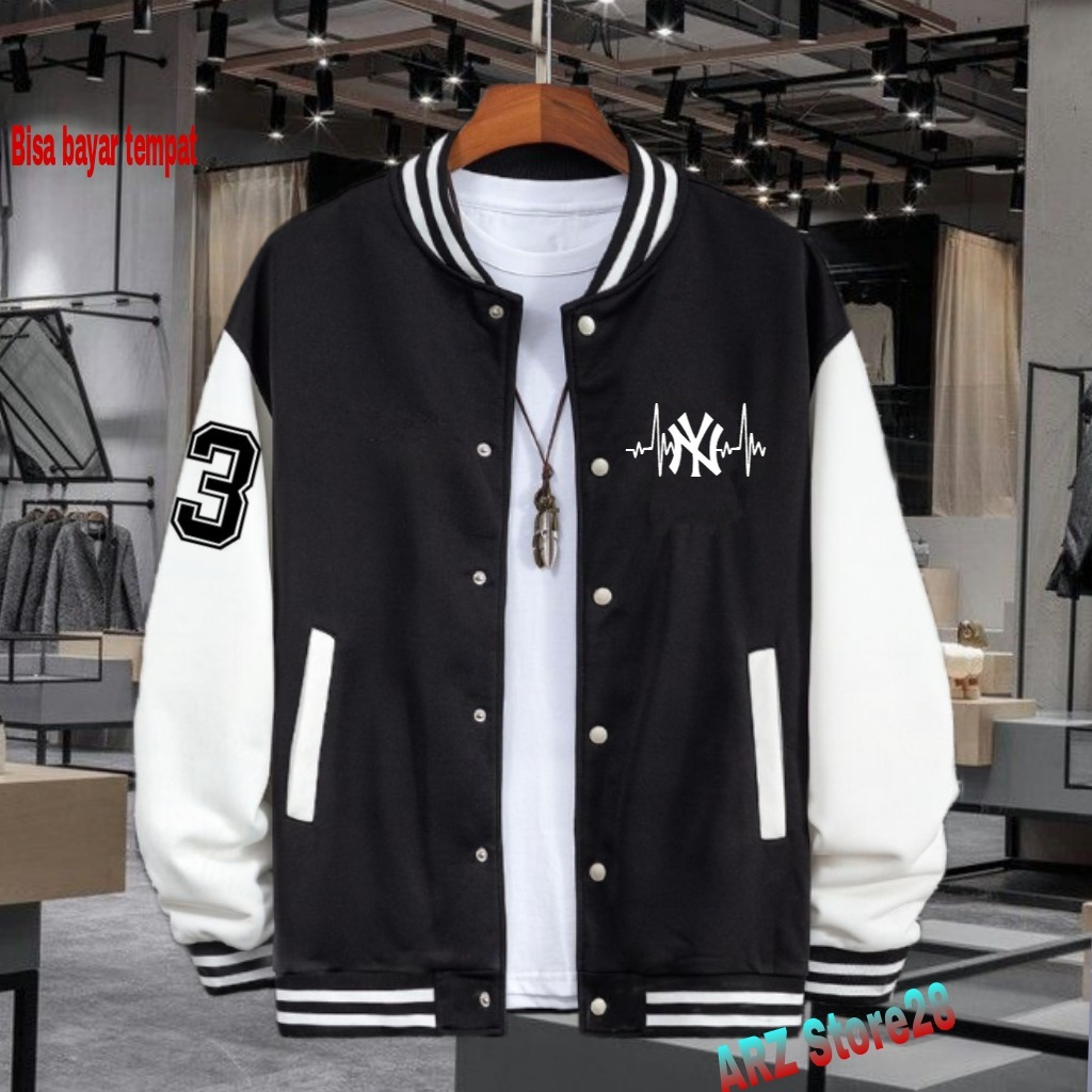 HITAM PUTIH Free Varsity Jacket Kancing Text White N3w York 3 Black ...