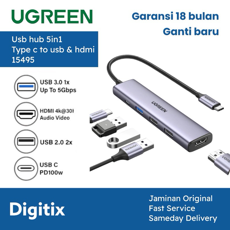 Ugreen USB Hub 5 in 1 Adapter Splitter Converter Type C to USB HDMI 4K 30Hz Macbook Laptop/15495 ...