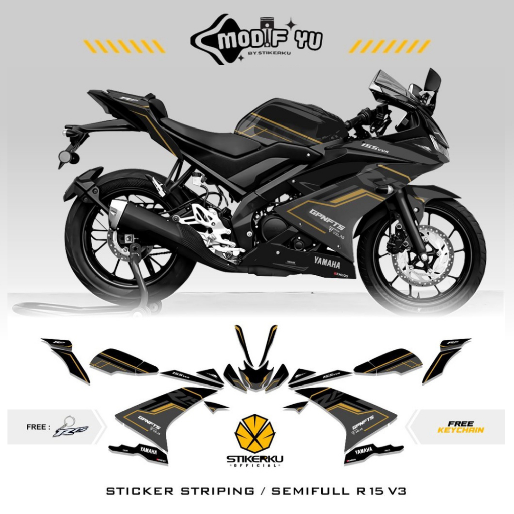 HITAM Sticker R15 V3 STRIPING SIMPLE EDITION 01 BASIC BLACK / YAMAHA ...