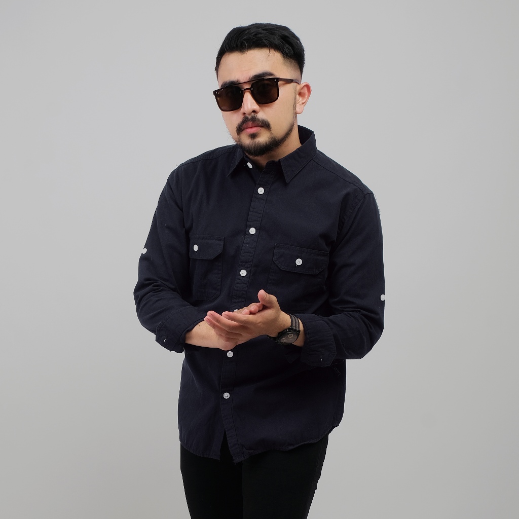 KEMEJA HITAM Dgm Workshirt Men's Plain Long Double Pocket Baby Canvas ...