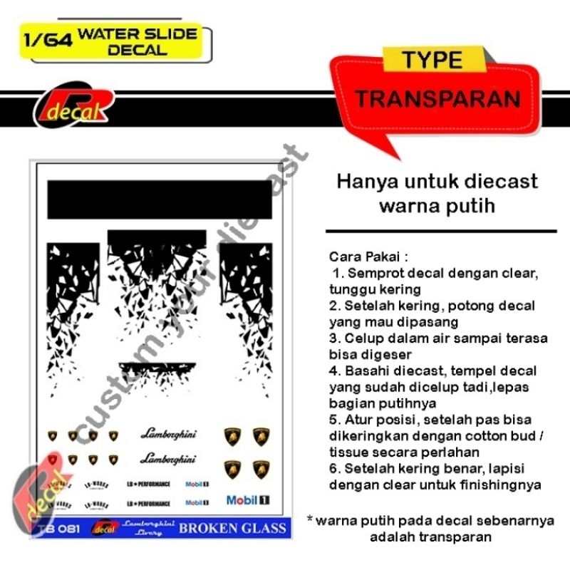 Tb081 Transparent Hotwheels Decal Diecast 1/64 Lamborghini Broken Glass | Shopee Malaysia