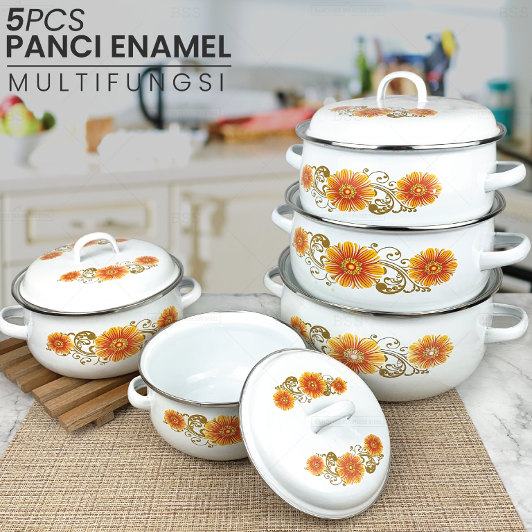 NEW 5pcs Panci Set Enamel Masak Sop Soup Cookware Motif Bunga Lucu ...