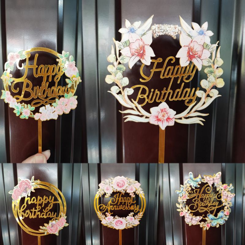 Happy Birthday Flower Topper, Butterfly Flower Acrylic Cake Decoration ...