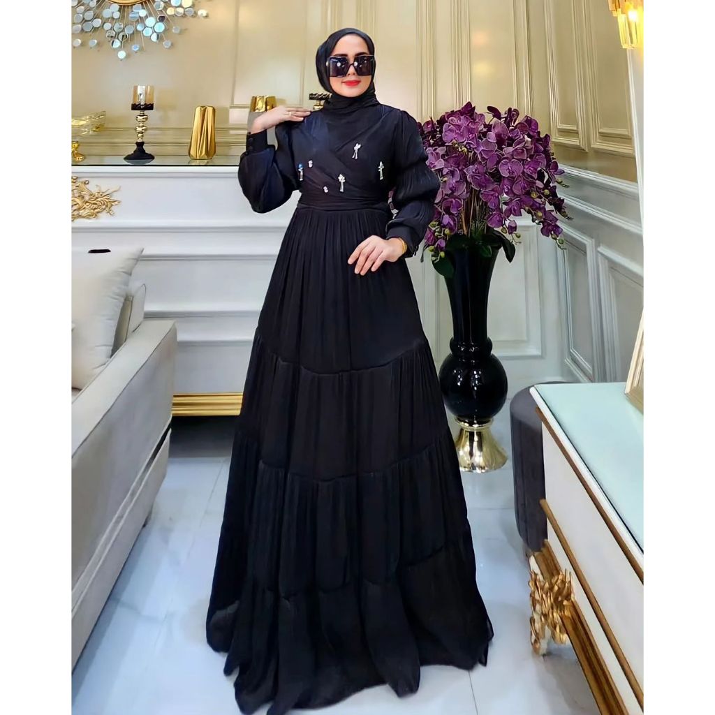 HITAM Naisha Dress Black Gamis Long Santorini Silk Premium Invitation ...