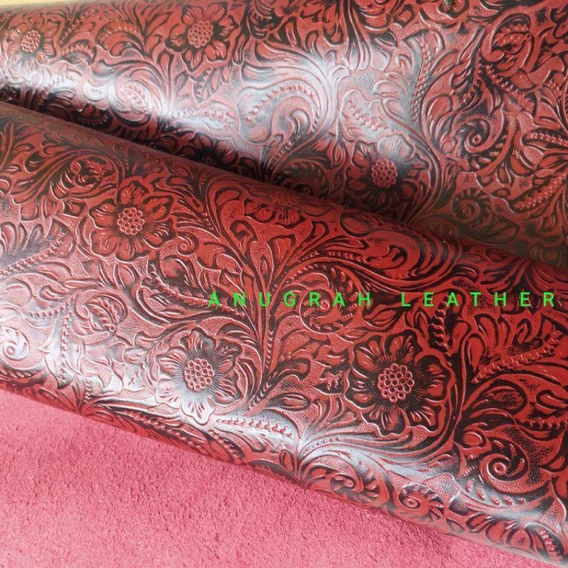 Genuine Cowhide Embossed Sheet with Maroon Floral Batik Print Motif ...