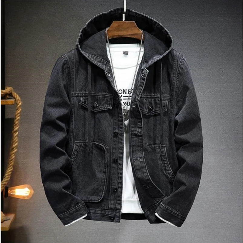 HITAM Hooded Denim Jeans Jacket|Black Sandwash Beanie Denim Jacket ...
