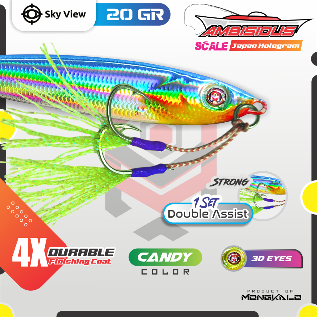 Metal Jig 20 Gram MONGKALO AMBISIOUS Hologram Scales 20g Complete Set Double Assist Hook Lure ...