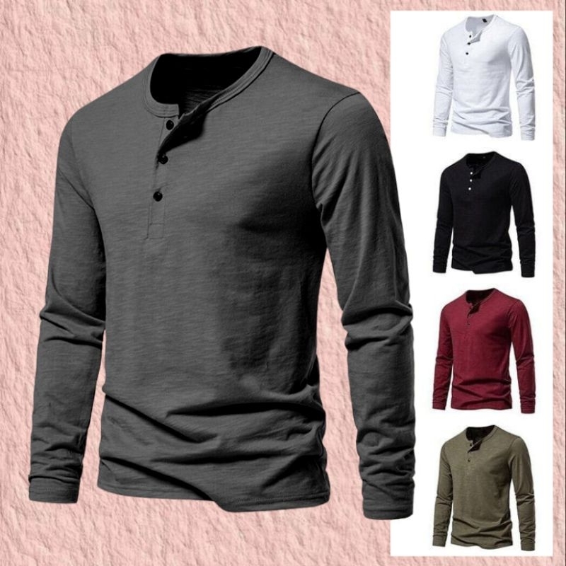 Men's 3-button T-Shirt Long Sleeve henley Button T-Shirt | Shopee Malaysia