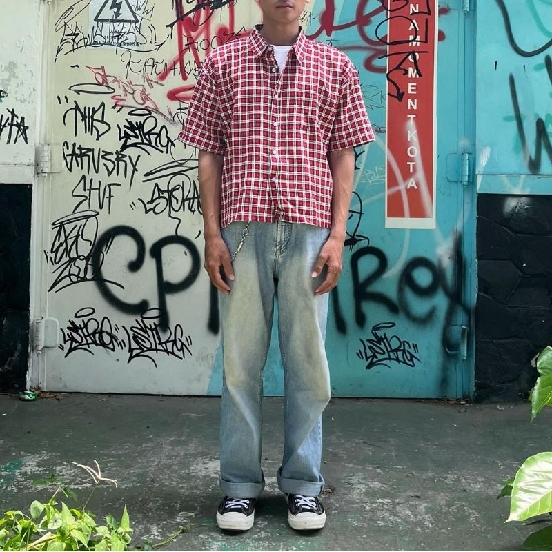 MERAH WORKSHIRT OVERSIZE SEMI CROP NEW FLANNEL RED BOXY FIT by baranuid ...