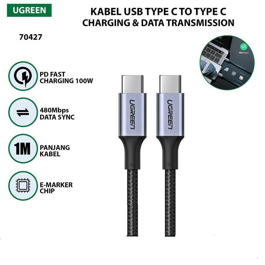 Ugreen 70427 Usb Type-C to Type-C 100w PD Fast Charger Nylon Data Cable ...