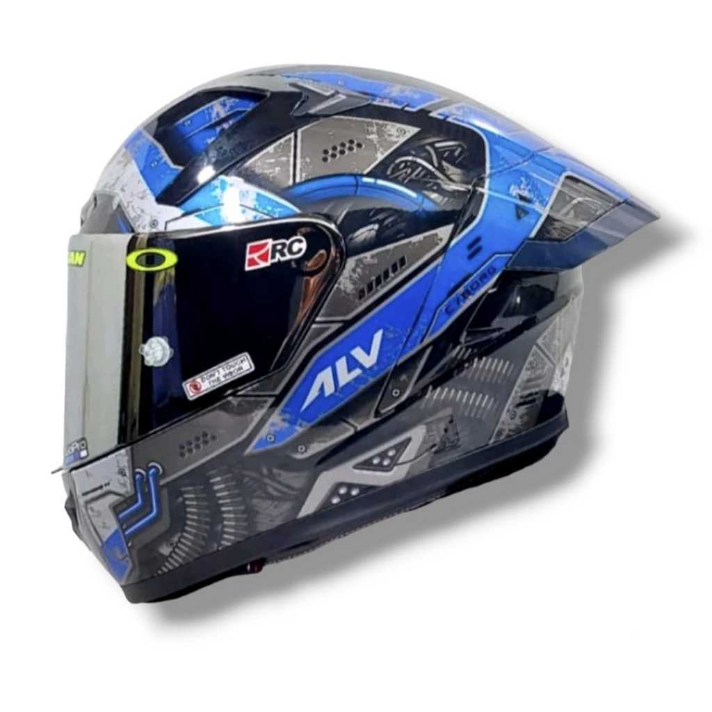ALV GENESIS CYBORG BLUE MOTIF Helmet Full Face Motor with Silver Visor ...