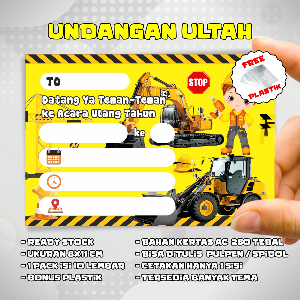 Ready Children's Birthday Party Invitation Excavator Crane Construction ...