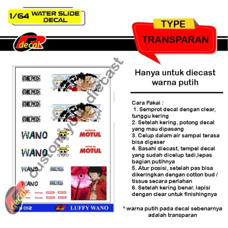 Tb012 Transparent Hotwheels Decal Diecast 1/64 Onepiece Luffy Wano ...
