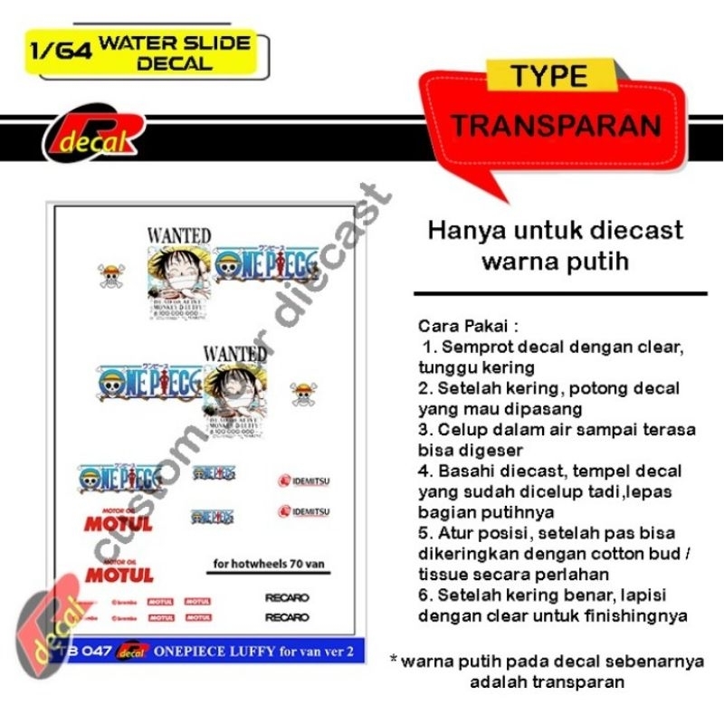 Tb047 Decal Hotwheels Transparent Diecast 1/64 One Piece Luffy for van ...