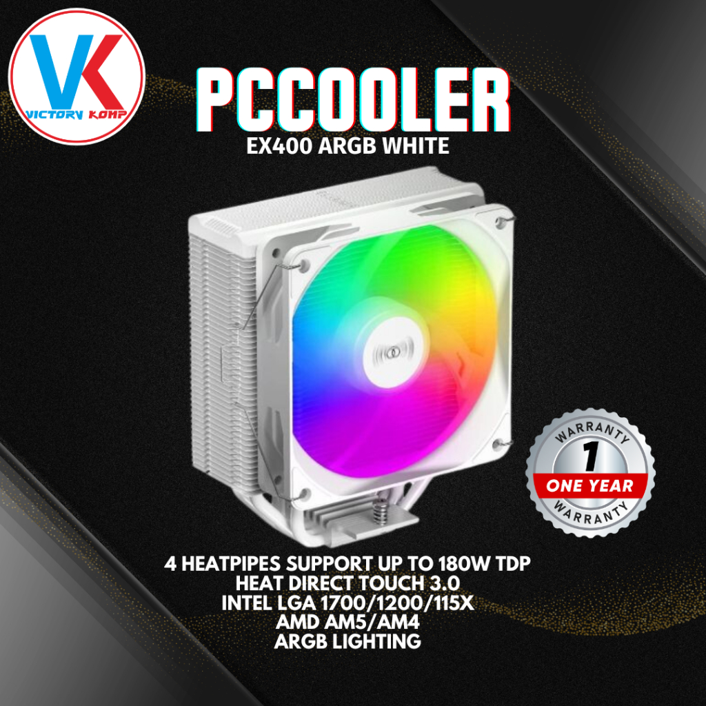 Pccooler EX400 ARGB White CPU Cooler HSF Tower (Intel/AMD) TDP 180 Watt ...