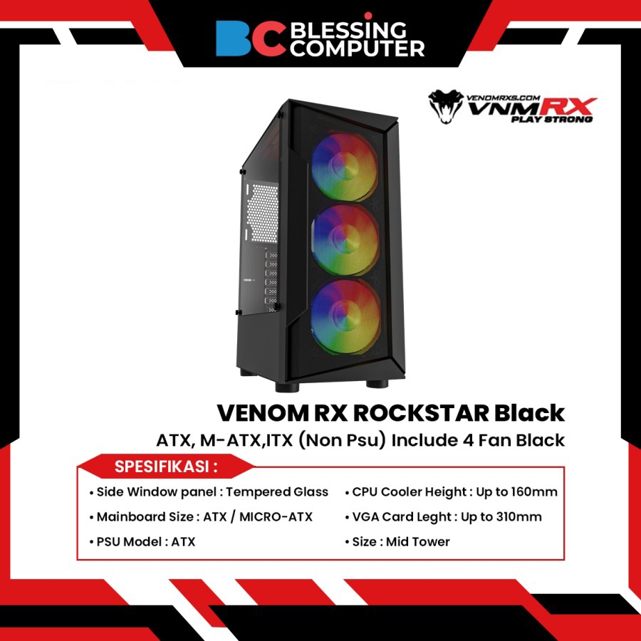 Casing VENOM RX ROCKSTAR Black/Casing ATX M-ATX ITX Non Psu Include 4 ...