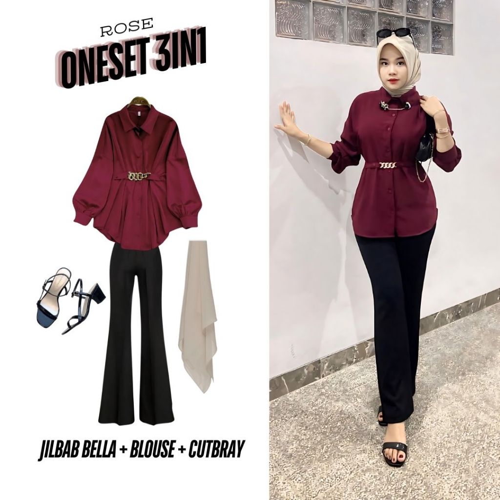 HITAM One set of 3 in 1 maroon balloon collar blouse top, black ...