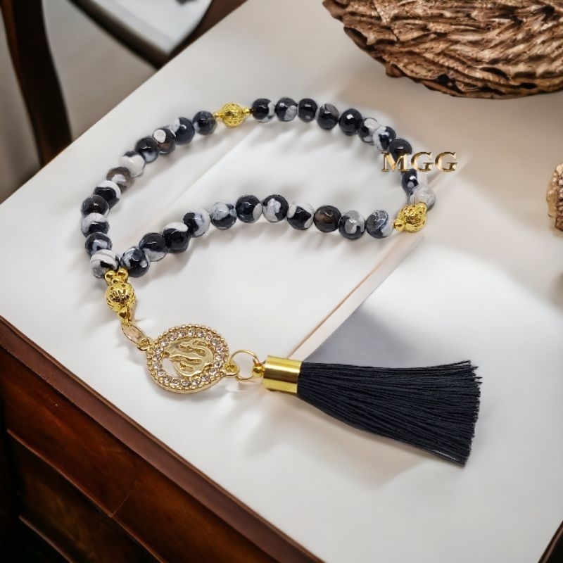 TASBIH STONE BLACK AGATE+LAFADZ ALLAH 33 GRAINS 8MM ORIGINAL STONE ...