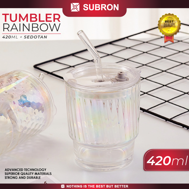 Subron Rainbow Glass Tumbler with Straw and Lid 420ml Aesthetic Glass ...