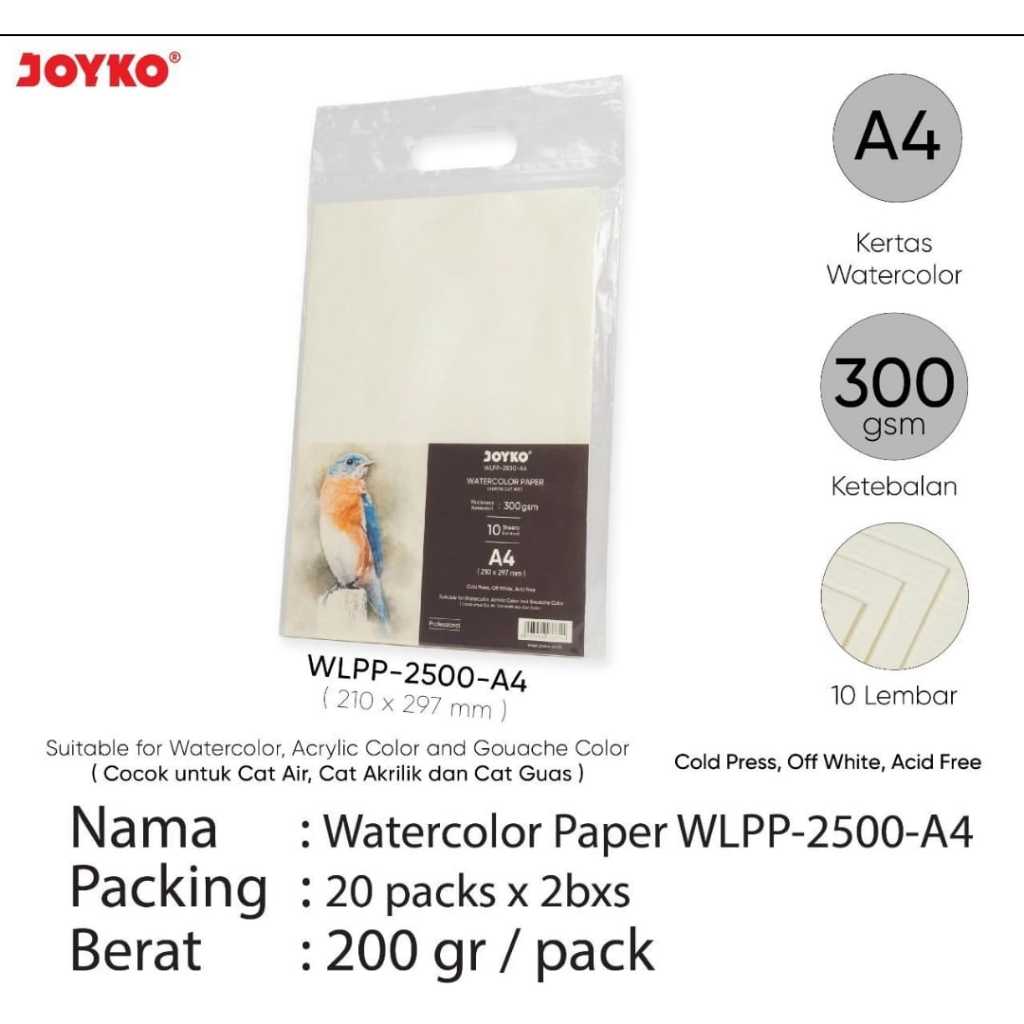 Water color paper wlpp 2500 A4 contains 10 sheets of cold press 300 gsm joyko watercolor paper ...