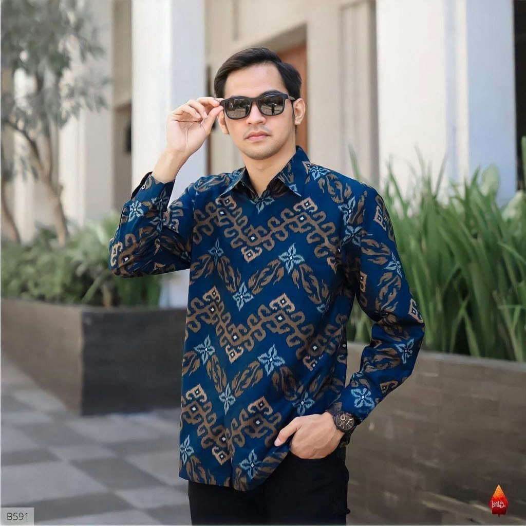 KEMEJA Navy Blue Men's Batik Shirt, Adult Men's Batik Top, Work Uniform ...