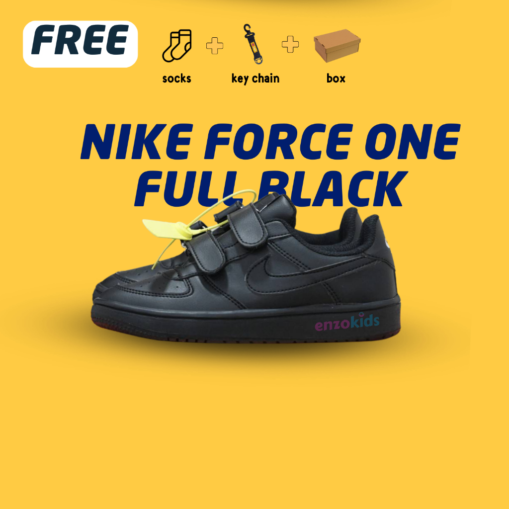 HITAM Plain Black Adhesive Boys' and Girls' School Shoes Nike Force One ...