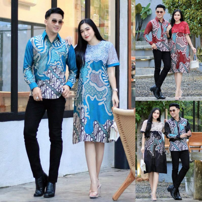 Couple DRESS BROCAT MIX BATIK MOTIF KANSA TOSKA BATIK COUPLE SANIA ...