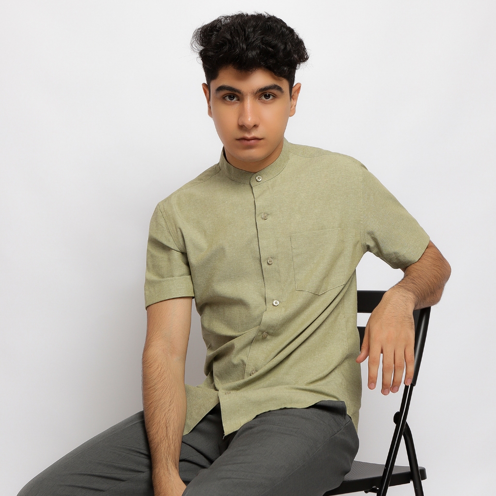 KEMEJA Koyote oxford Sage Green Mandarin Collar Short Sleeve Shirt ...