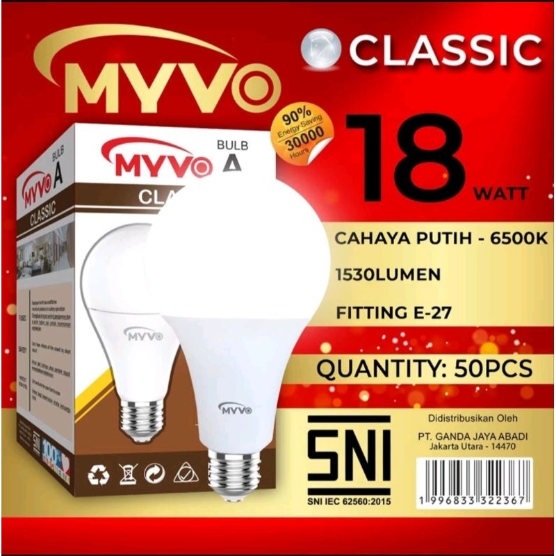 PUTIH CAHAYA Myvo Classic Led lamp 18 watt Led Bulb White light SNI 1 ...