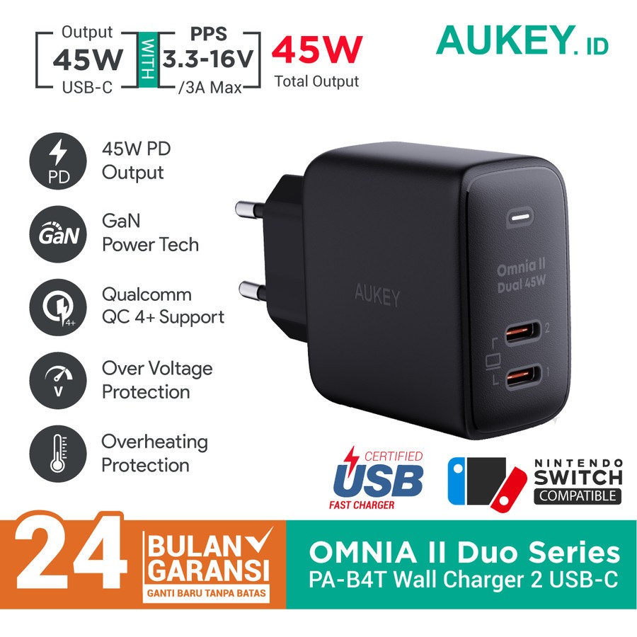 Aukey PA-B4T Omnia II Duo Series USB-C PD 45W PPS Charger - 501679 | Shopee Malaysia