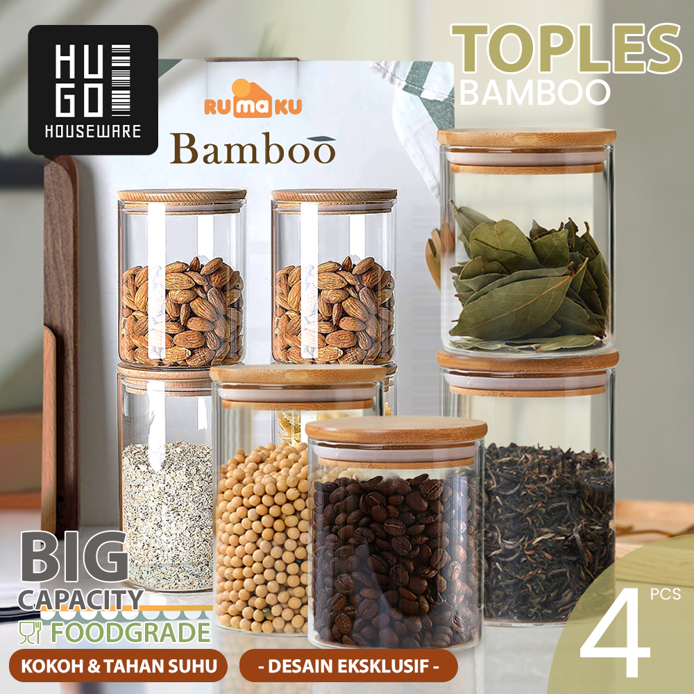 Hugo Glass Jars Set Of 4pcs Airtight Eid Cookie Jars Bamboo Lid Premium ...
