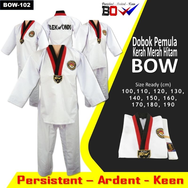 MERAH HITAM Dobok Beginner taekwondo uniform red black collar poom BOW ...