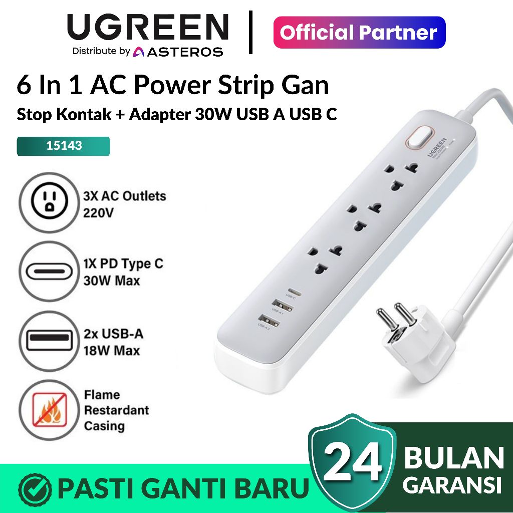 UGREEN Power Strip 6 IN 1 Socket + Adapter 30W USB A USB C 15143 ...