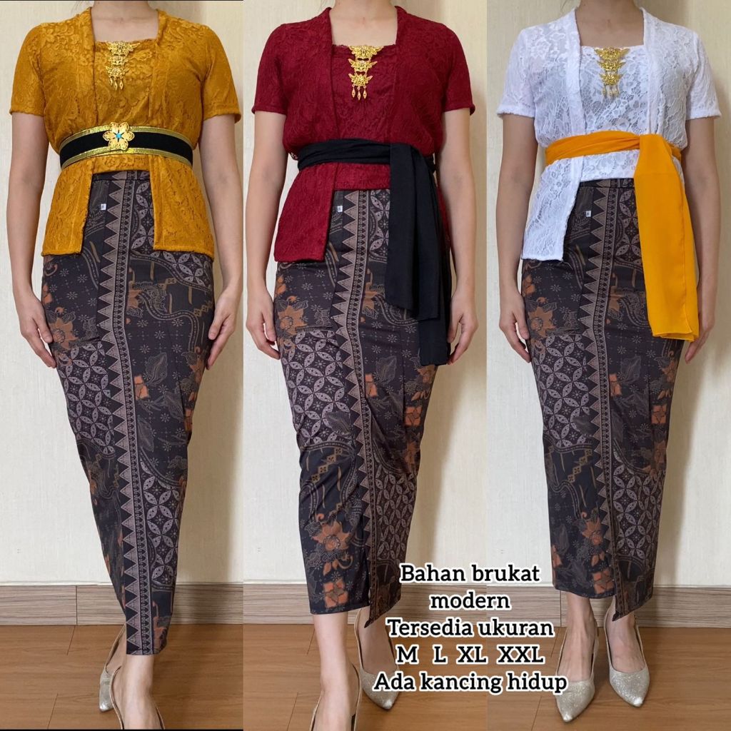 MERAH HITAM PUTIH Short Sleeve Brocade Kebaya Shirt Traditional Bali Java Graduation Event Stage ...