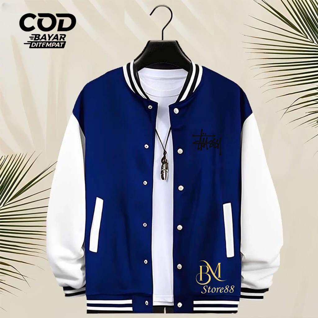 HITAM Varsity Baseball Bomber Jacket Button Stussy Text Logo Black ...