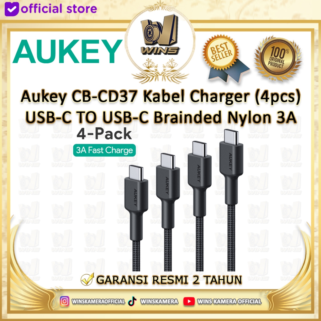 Aukey CB-CD37 Charger Cable (4pcs) USB-C TO USB-C Brainded Nylon 3A | Shopee Malaysia