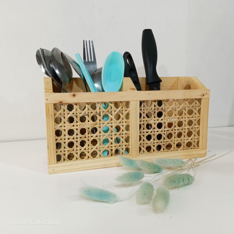 Wooden Rattan Spoon Rack 2 Slots Multi-Purpose Rattan Shelf | Shopee ...