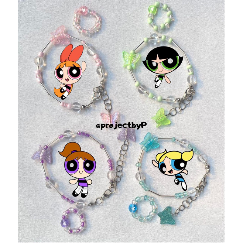 The powerpuff girl Couple Bracelet Beads Ring Set Free box and stickers ...