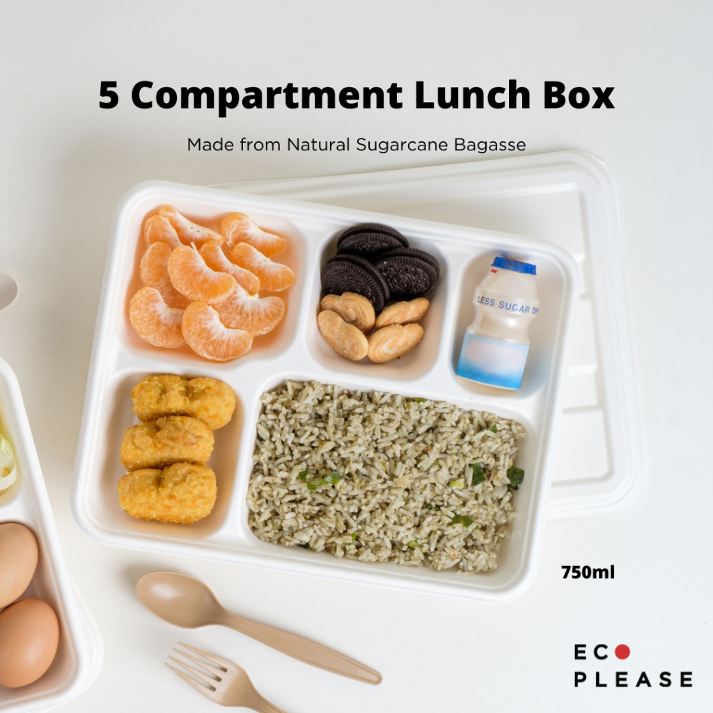 25pcs 5 Compartment/5 Dividers Lunch Box Ecofriendly Bagasse ...
