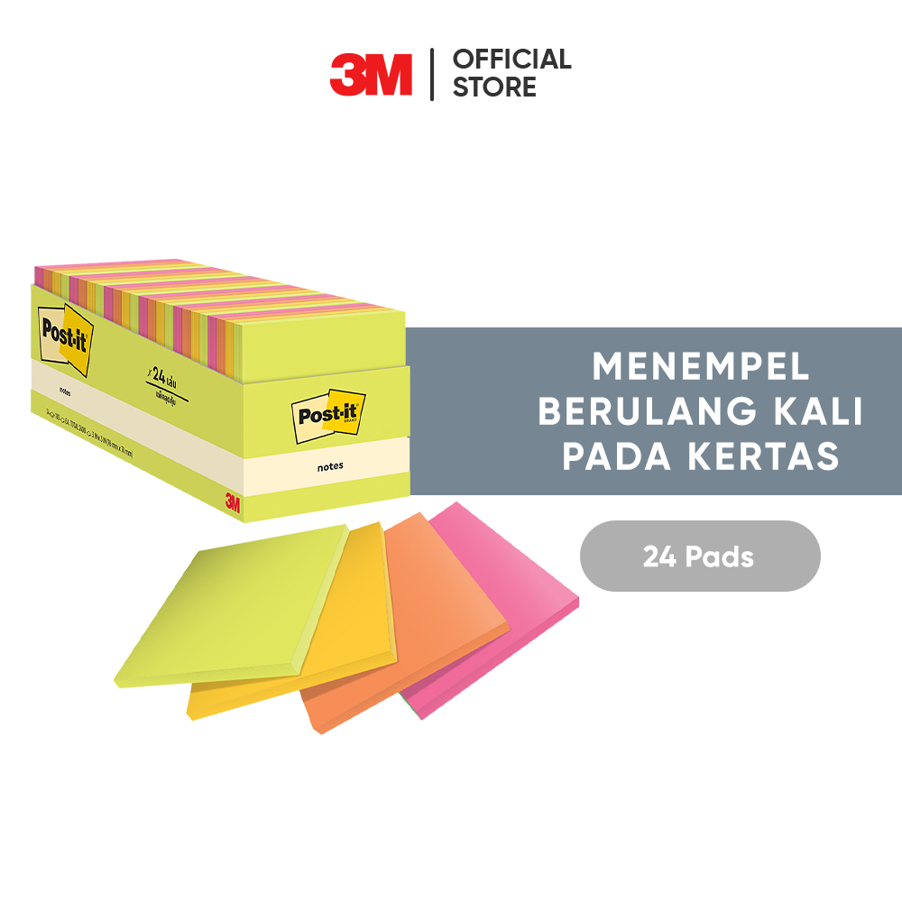 3mtm Post-it Notes, Sticks repeatedly to paper, 1 box/24 pads, 76x76 mm ...
