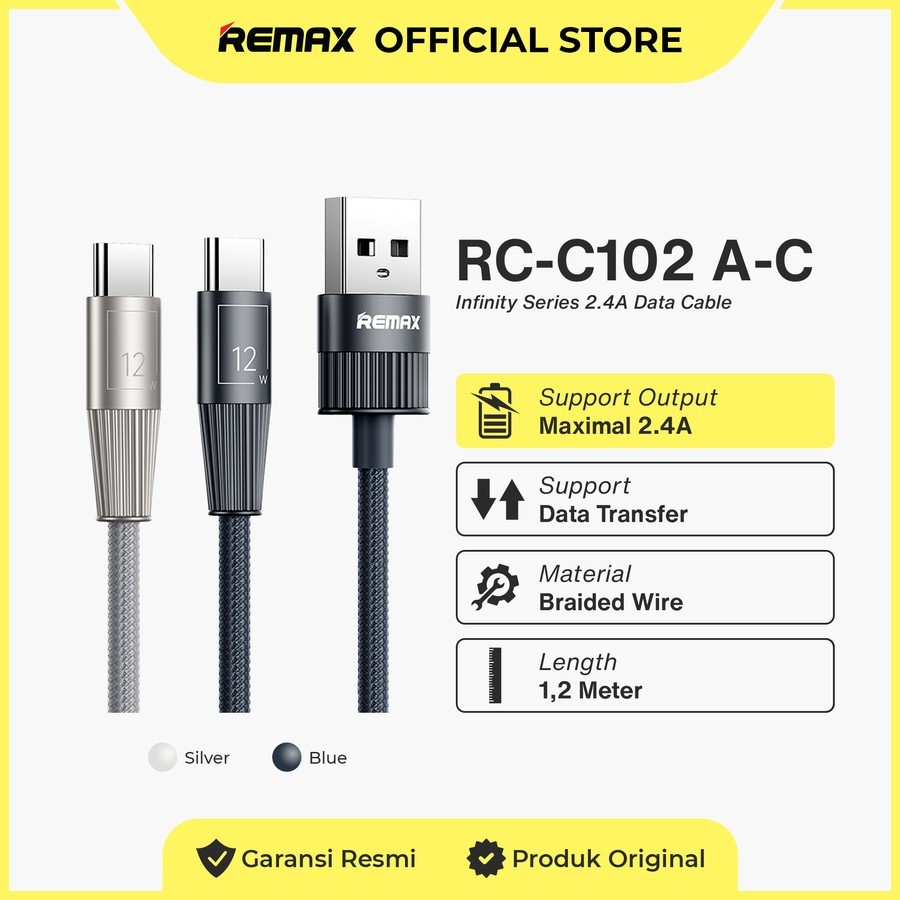 Remax RC-C102A-C INFINITY Braided Cable USB to Type-C 2.4a PD 1.2m Zinc Alloy Cable | Shopee ...