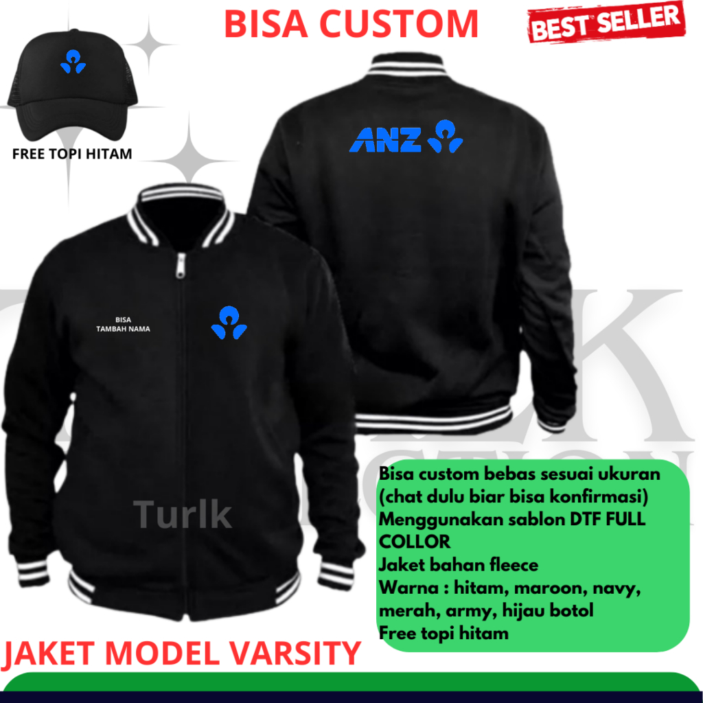 HITAM Anz Bank Jacket Varsity Custom Bank Jacket ANZ Free Black Hat ...