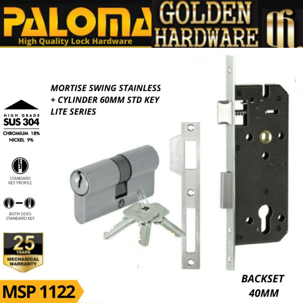 Mortise lock Swing Paloma 40mm Set Cylinder MSP 1122 Stainless Steel ...