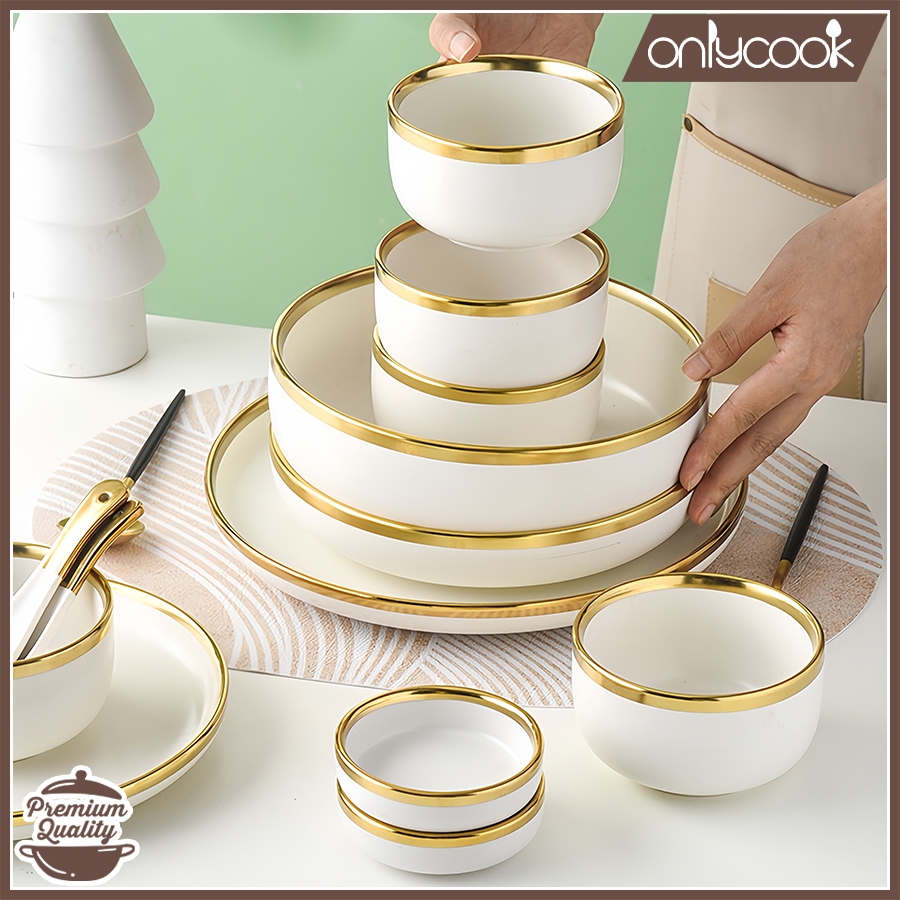 PUTIH Onlycook White Gold Ceramic Dinner Plate/Elegant White Gold ...